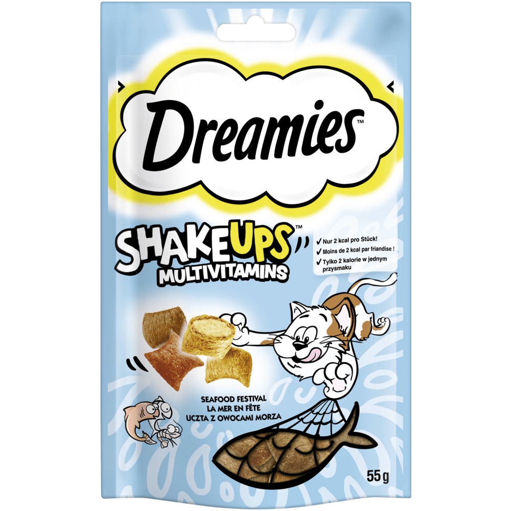 DREAMIES™ SHAKE UPS™ Multivitamins Seafood Festival, 55g | Katzensnack